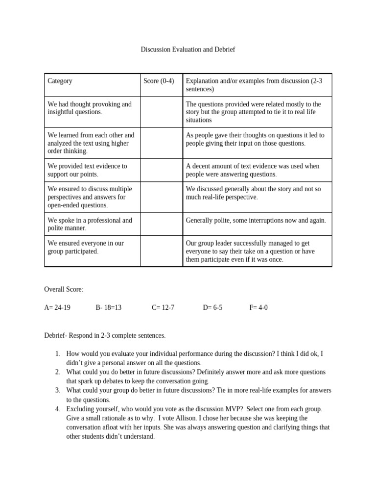 Discussion Evaluation and Debrief | PDF