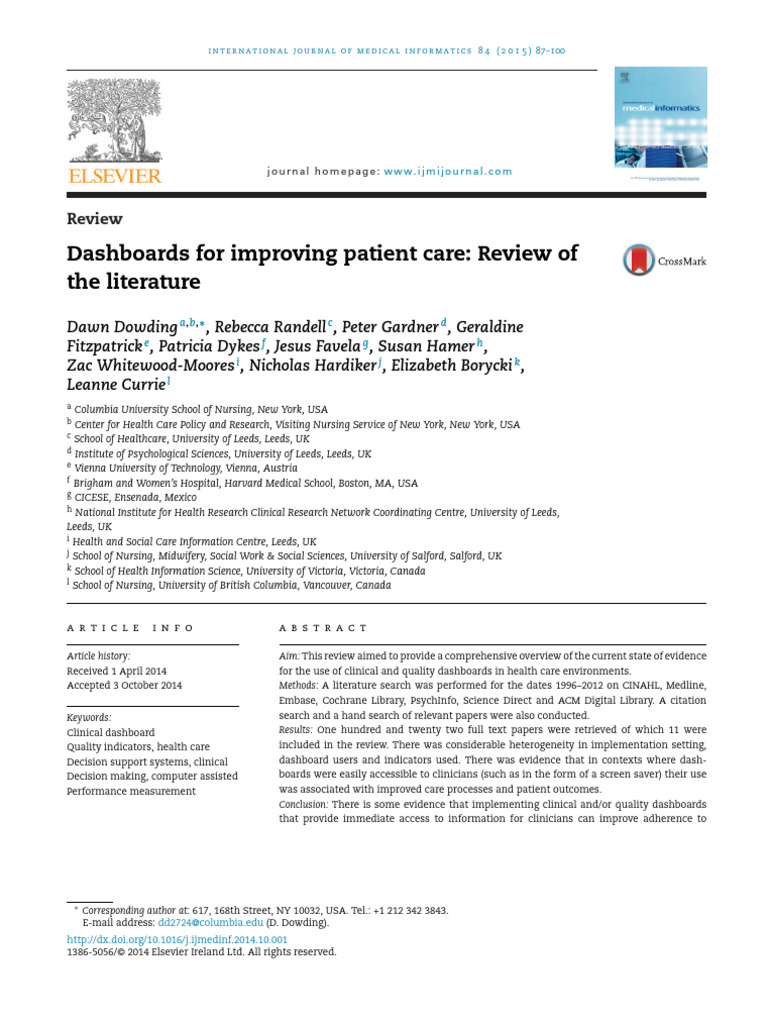 Dashboards For Improving Patient Care - Review of The Literature | PDF ...