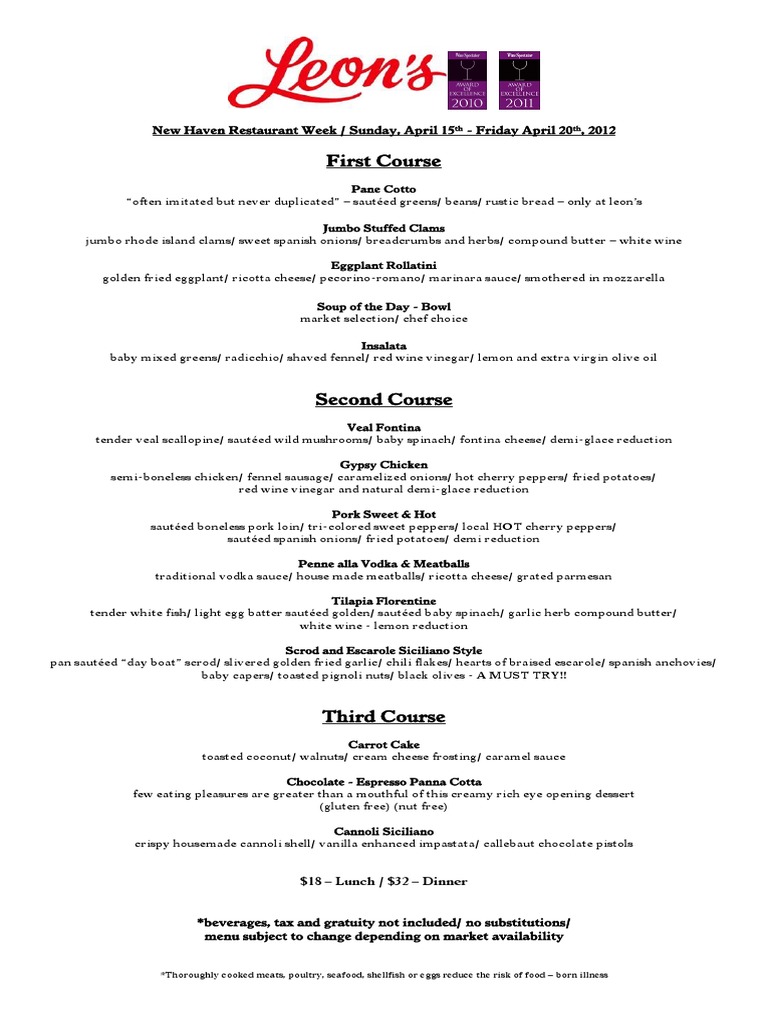 Leon's Meny for New Haven Restaurant Week | PDF | Lunch | Sausage