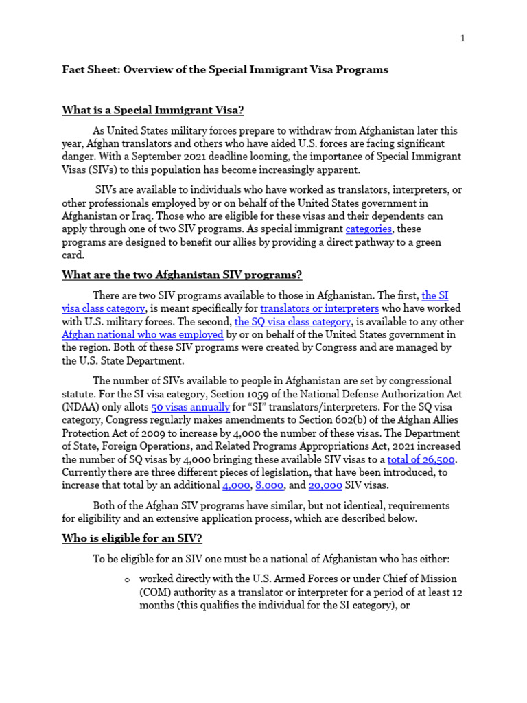 Special Immigrant Visa (SIV) Overview | PDF | Government And Personhood