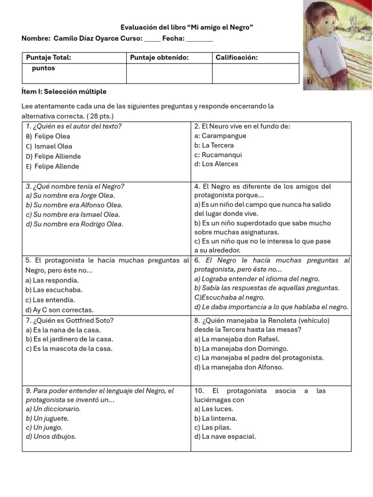 Evaluación del libro "Mi amigo el Negro" | PDF
