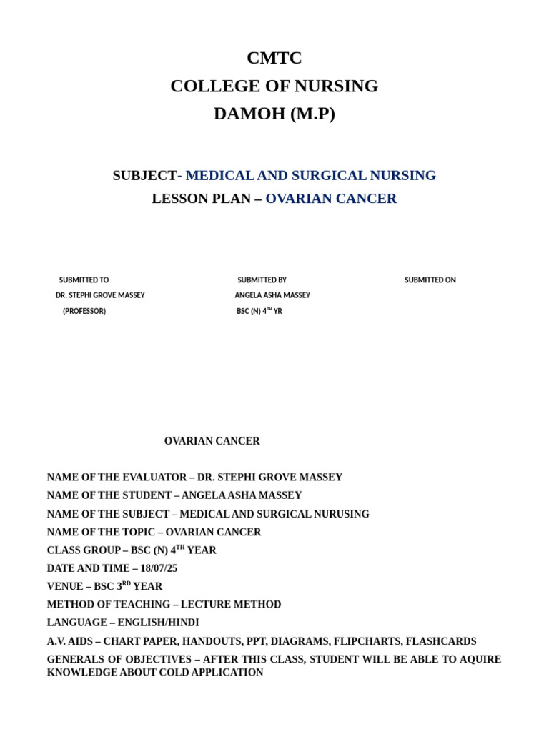 LESSON PLAN On Ovarian Cancer | PDF | Ovarian Cancer | Medicine