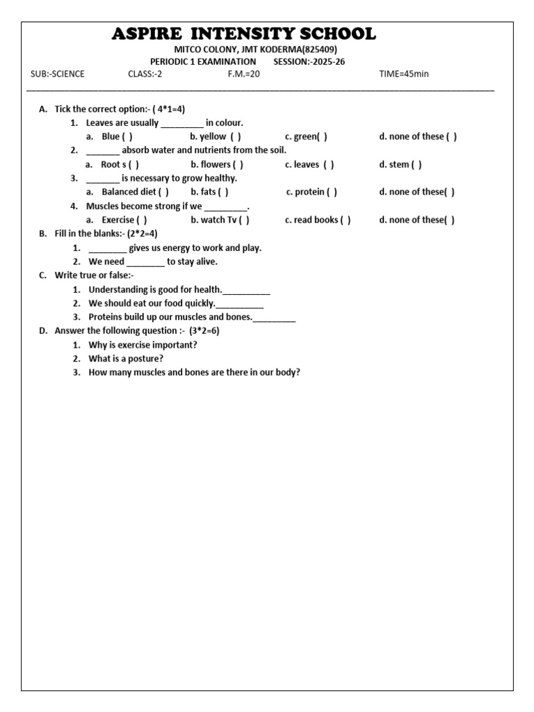 Class 2 Science Exam Paper 2025-26 | PDF