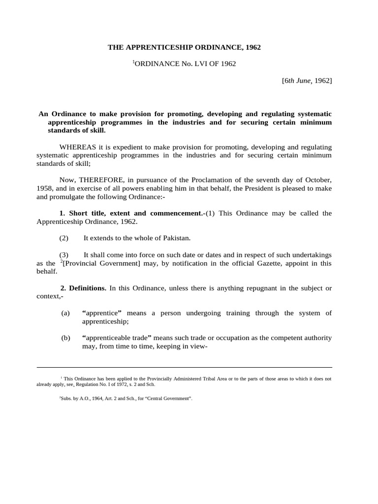 Apprenticeship Ordinance, 1962 | PDF | Apprenticeship | Employment