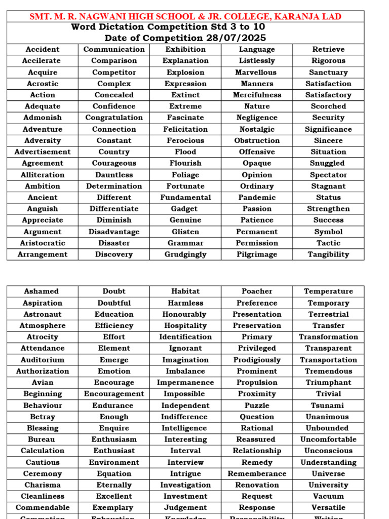 Word Dictation Competition 2025 | PDF