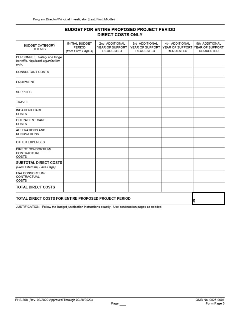 Budget For Entire Proposed Project Period - Direct Costs Only | PDF