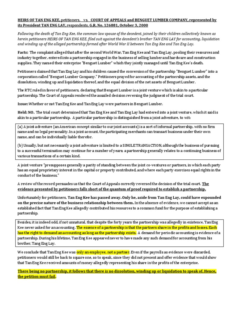 Digest - Heirs of Tan Eng Kee vs. CA | PDF | Partnership | Liquidation