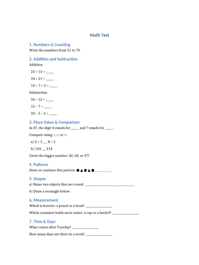 Grade 1 Math Test: Numbers to Shapes | PDF
