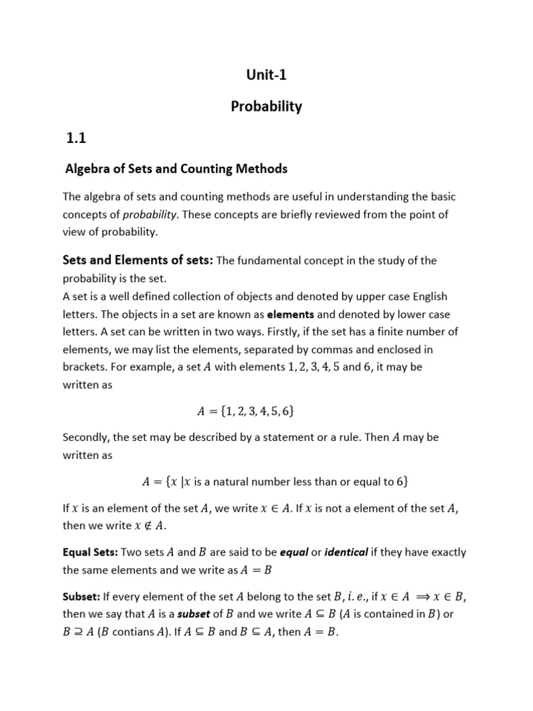 Unit-1 Probability 1.1: Algebra of Sets and Counting Methods | PDF | Set (Mathematics) | Probability