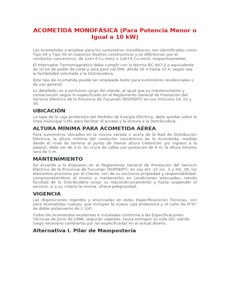 Acometida Monofásica: Especificaciones Técnicas | PDF | Ingenieria ...