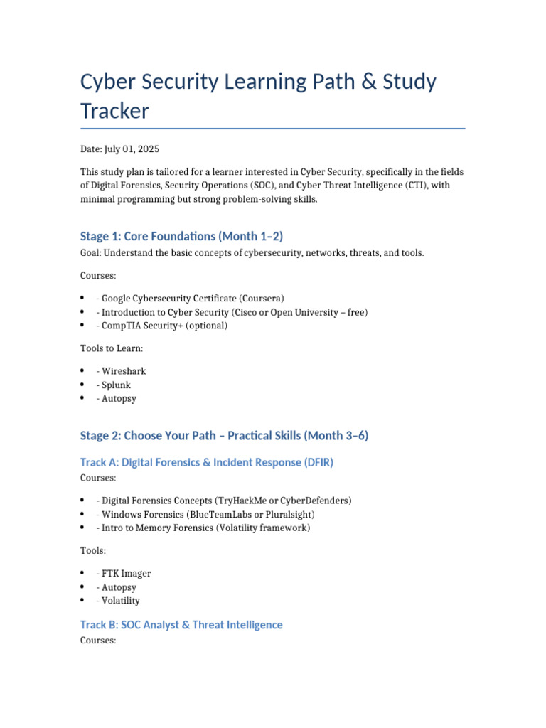 Cyber Security Study Plan Tracker | PDF