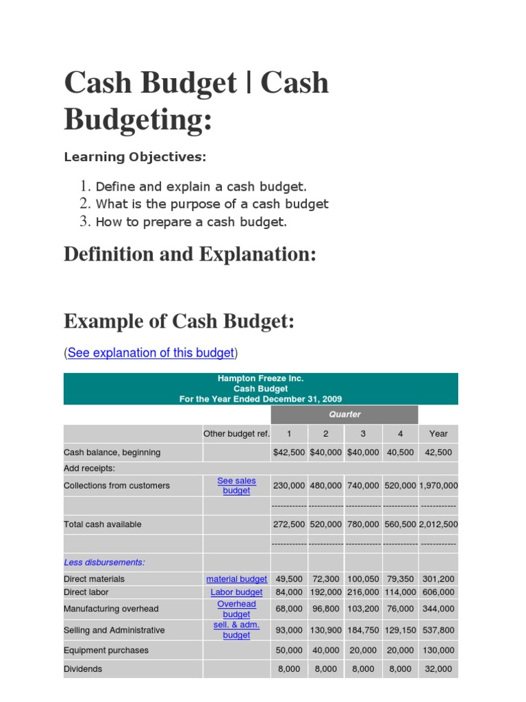 Cash Budget - Cash Budgeting:: Definition and Explanation | PDF ...