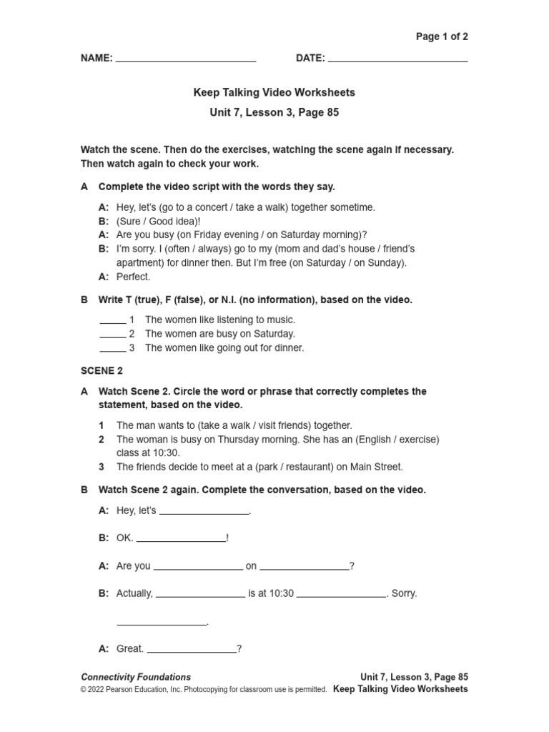 CTY0 Keep Talking Video Worksheets Unit 7 | PDF