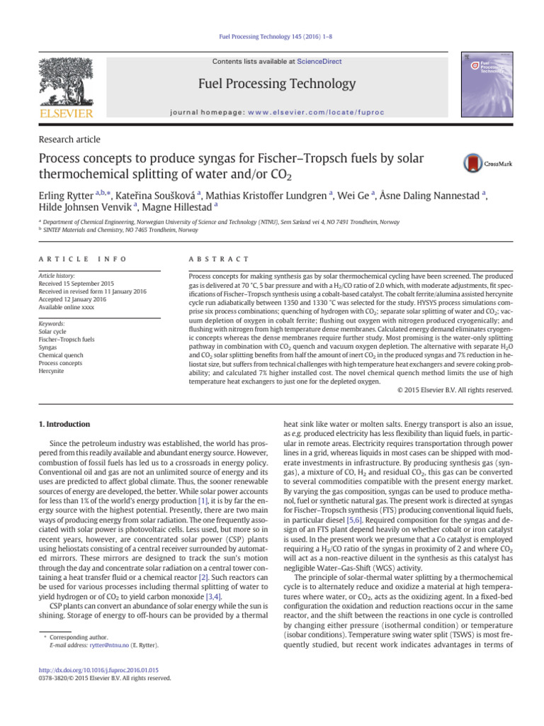 Process Concepts To Produce Syngas For Fischer-Tropsch Fuels by Solar ...