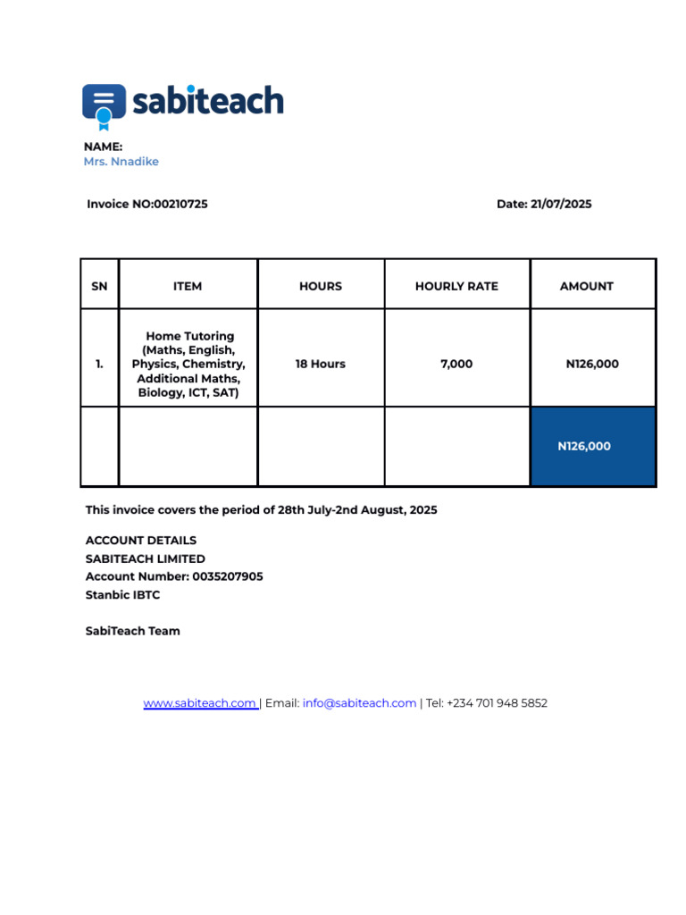 Home Tutoring Invoice - July 2025 | PDF