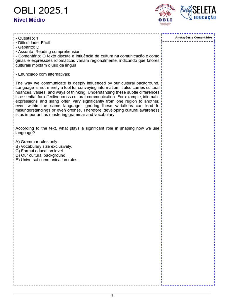 Gabarito Simulado OBLI 2025.1 | PDF | English Language | Argument