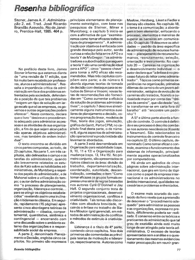 Resenha de Administração de Stoner | PDF | Liderança | Educação em ...