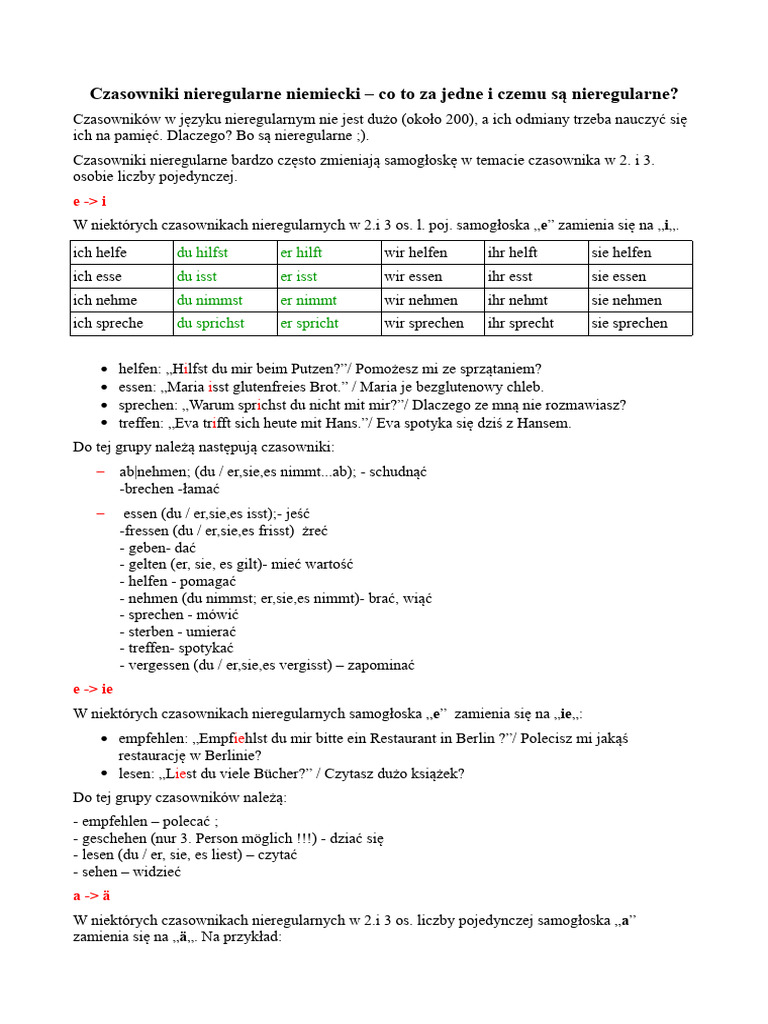 Czasowniki Nieregularne Perfekt | PDF