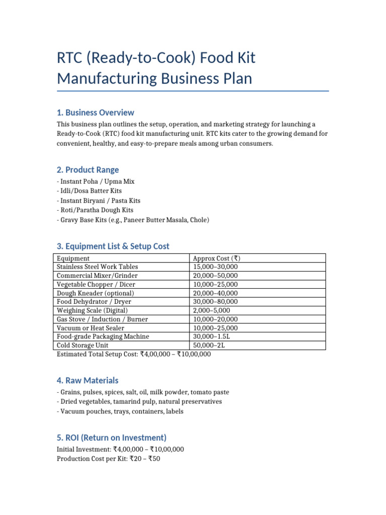 RTC Food Kit Manufacturing Plan | PDF