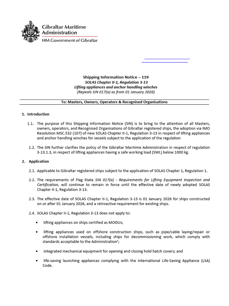 SIN 119 - SOLAS Chapter II-1 Regulation 3-13 - Lifting Appliances and ...