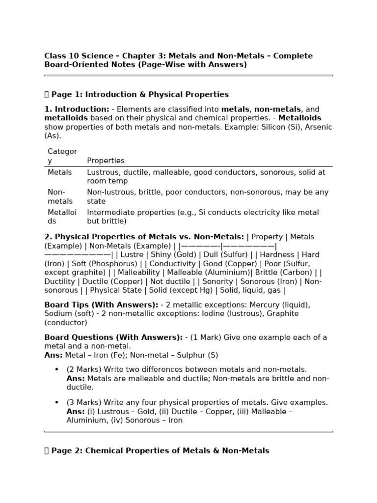 Class 10 Metals and Non-Metals Notes | PDF | Metals | Rust