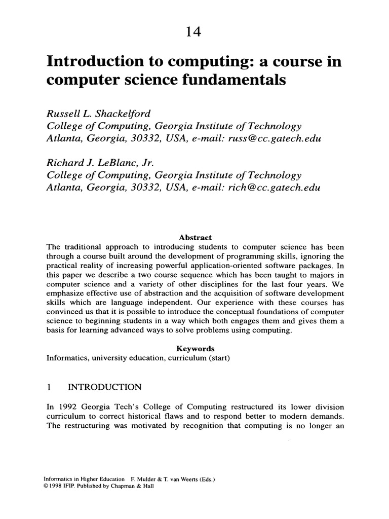 Introduction to computing: a course in computer science fundamentals ...