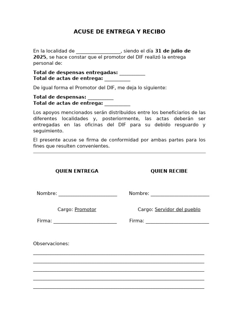 Acuse de Entrega y Recibo Despensa | PDF