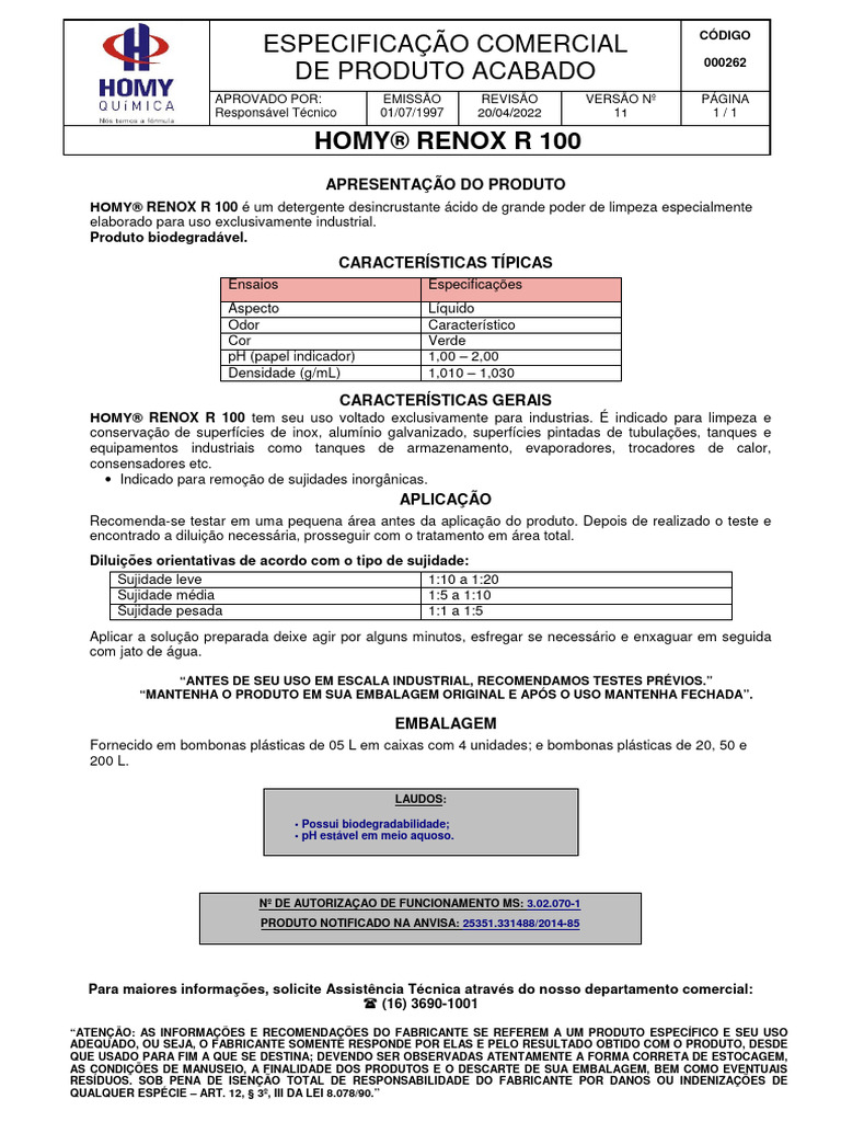 Detergente Homy® Renox R 100: Especificações | PDF