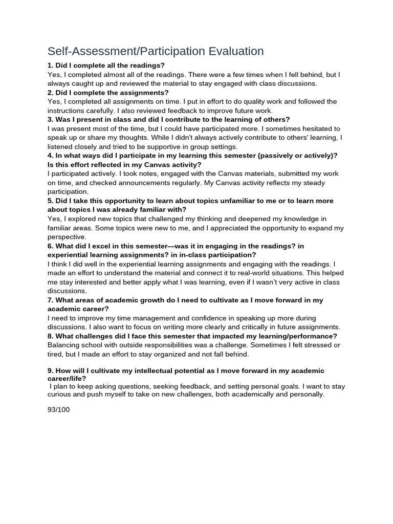 Self-Assessment of Academic Participation | PDF | Learning | Cognition