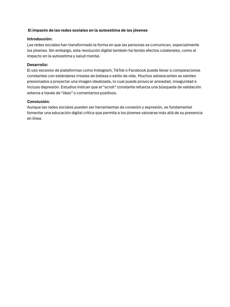 El Impacto de Las Redes Sociales en La Autoestima de Los Jóvenes | PDF