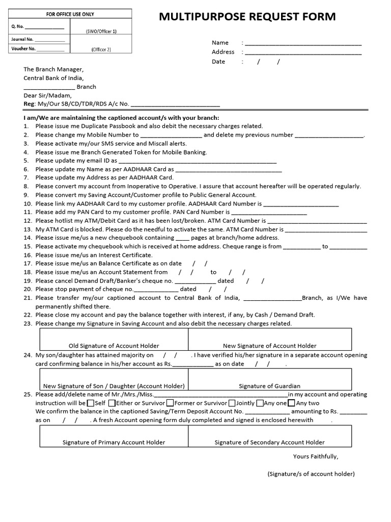 Central Bank Multipurpose Request Form | PDF | Cheque | Banking