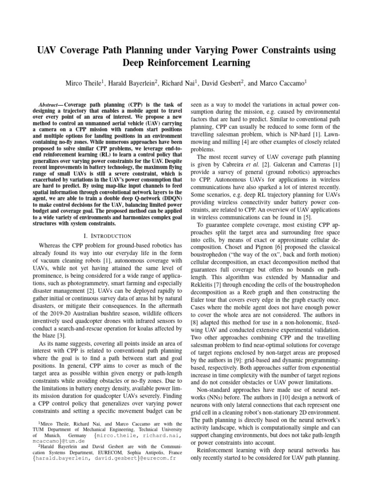UAV Coverage Path Planning Under Varying Power Constraints Using Deep Rl | PDF | Unmanned Aerial ...