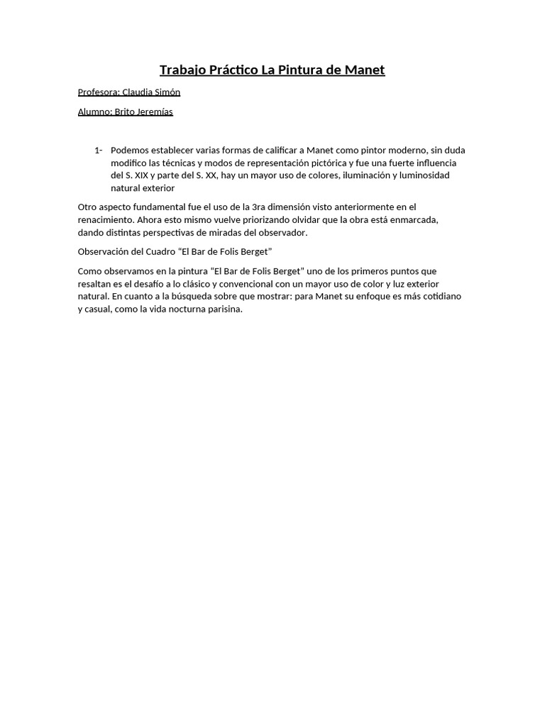 Trabajo Práctico La Pintura de Manet | PDF
