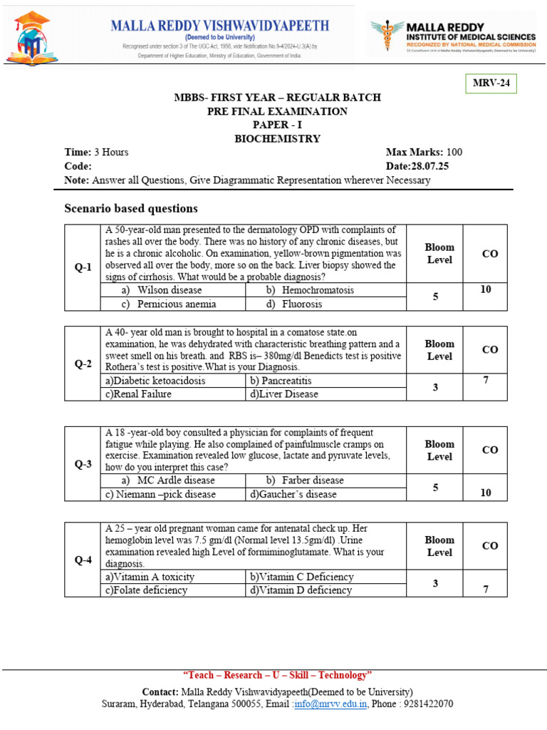 Pre Final Question Paper - I | PDF | Cholesterol | Adenosine Triphosphate