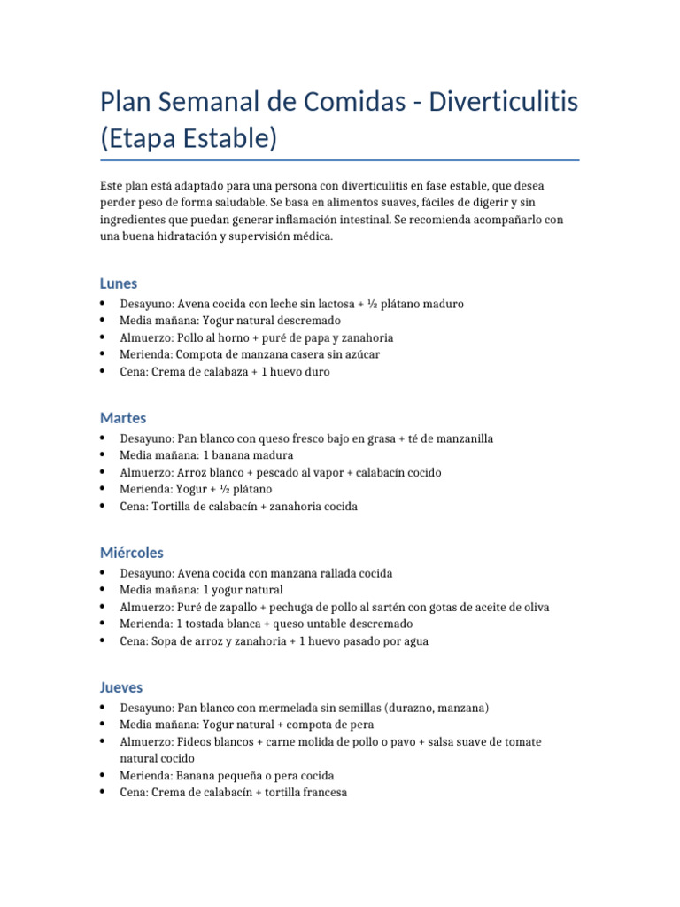 Menú Semanal para Diverticulitis | PDF