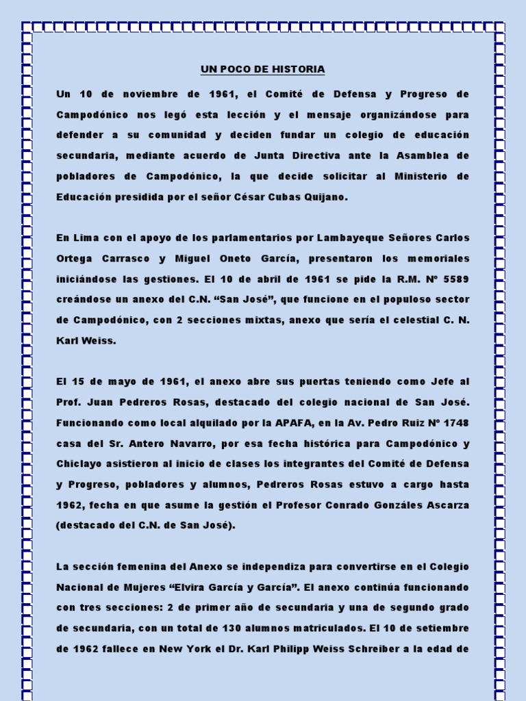 Historia del Colegio Karl Weiss | PDF | Educación avanzada | Escuelas