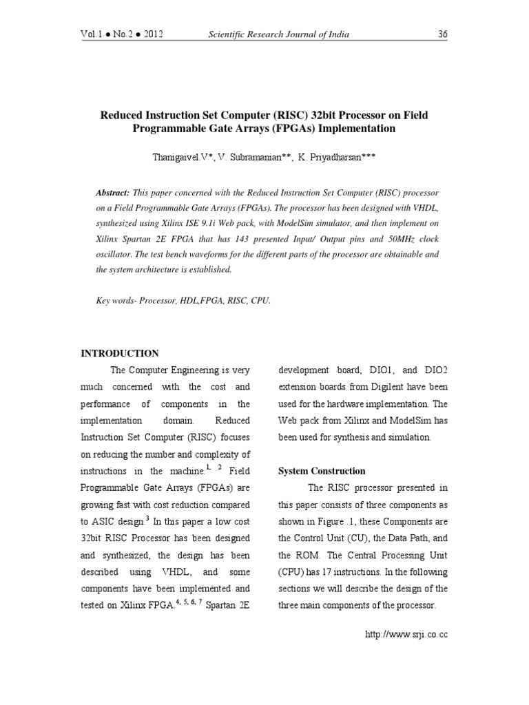 Reduced Instruction Set Computer (Risc) 32bit Processor On Field Programmable Gate Arrays (Fpgas ...