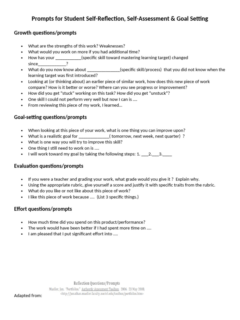 Student Self-Reflection & Goal Setting Prompts | PDF