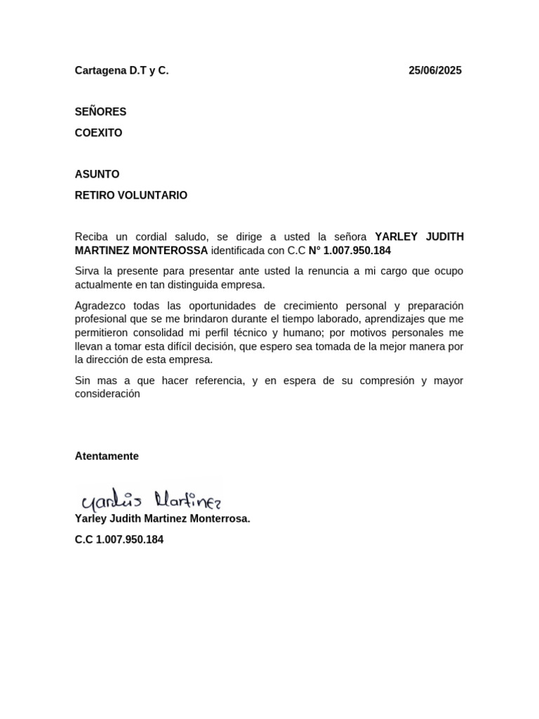 Renuncia de Yarley Judith Martinez | PDF