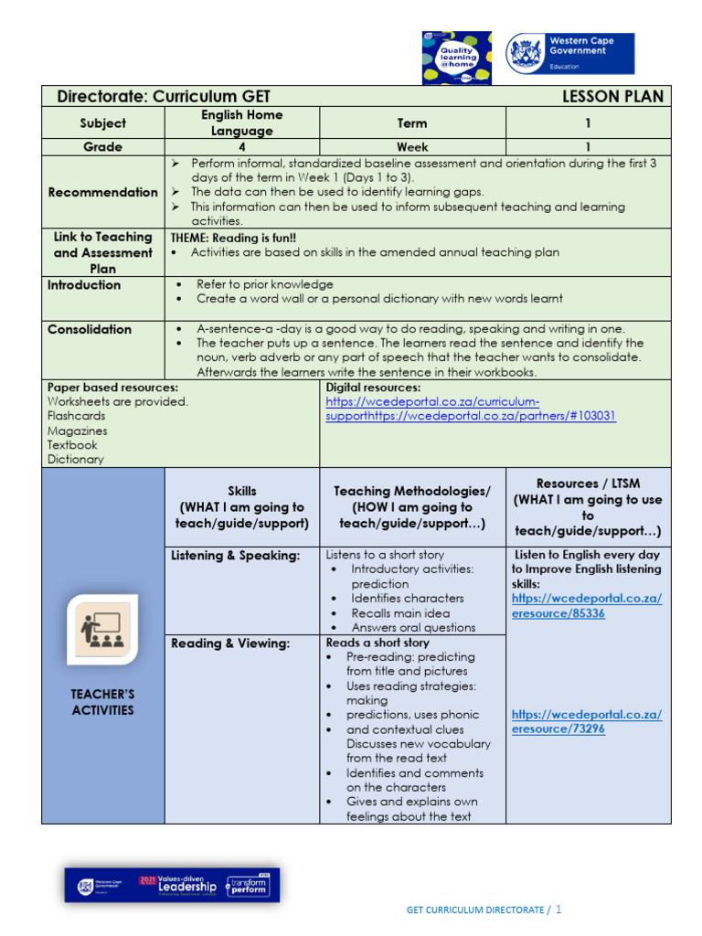 Grade 4 English Lesson Plan Week 1 | PDF | Plural | Grammatical Number