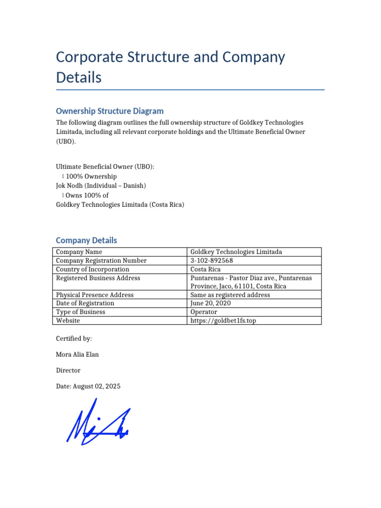 Corporate Structure and Company Details Goldkey | PDF