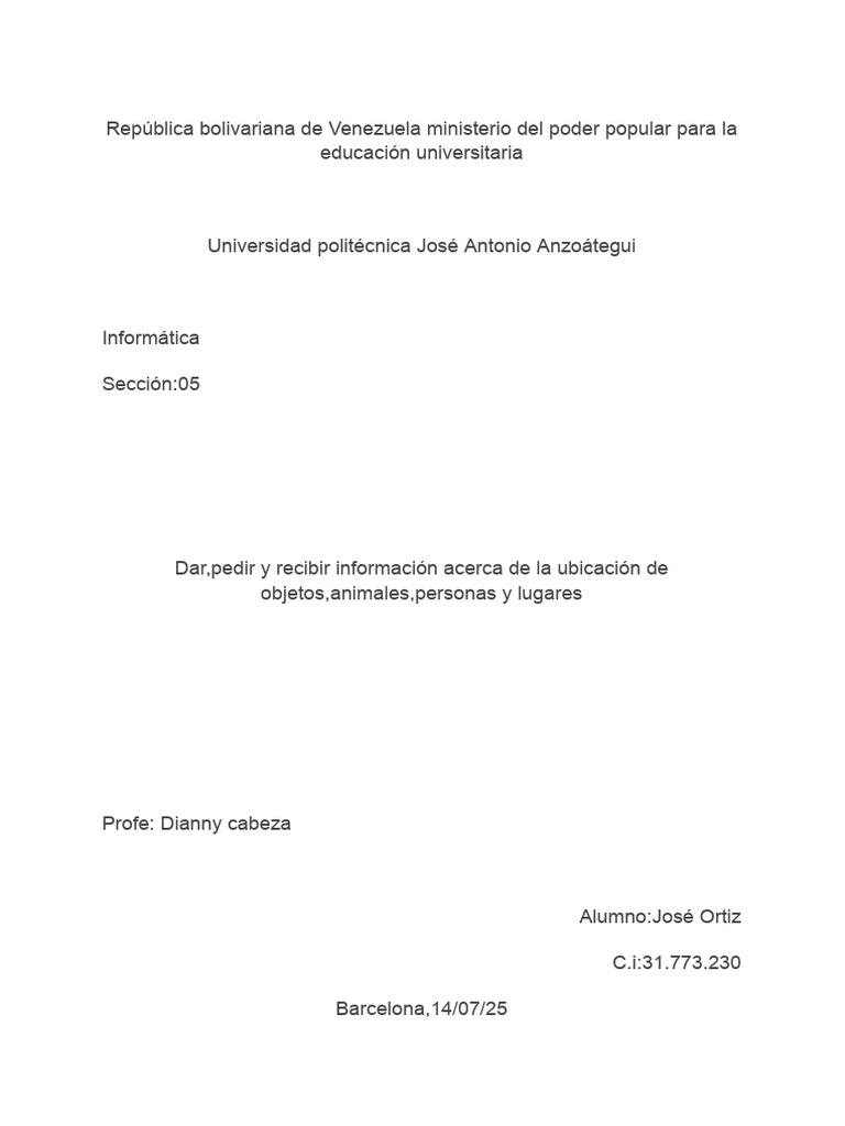 Dar, Pedir y Recibir Información Acerca de La Ubicación de Objetos ...