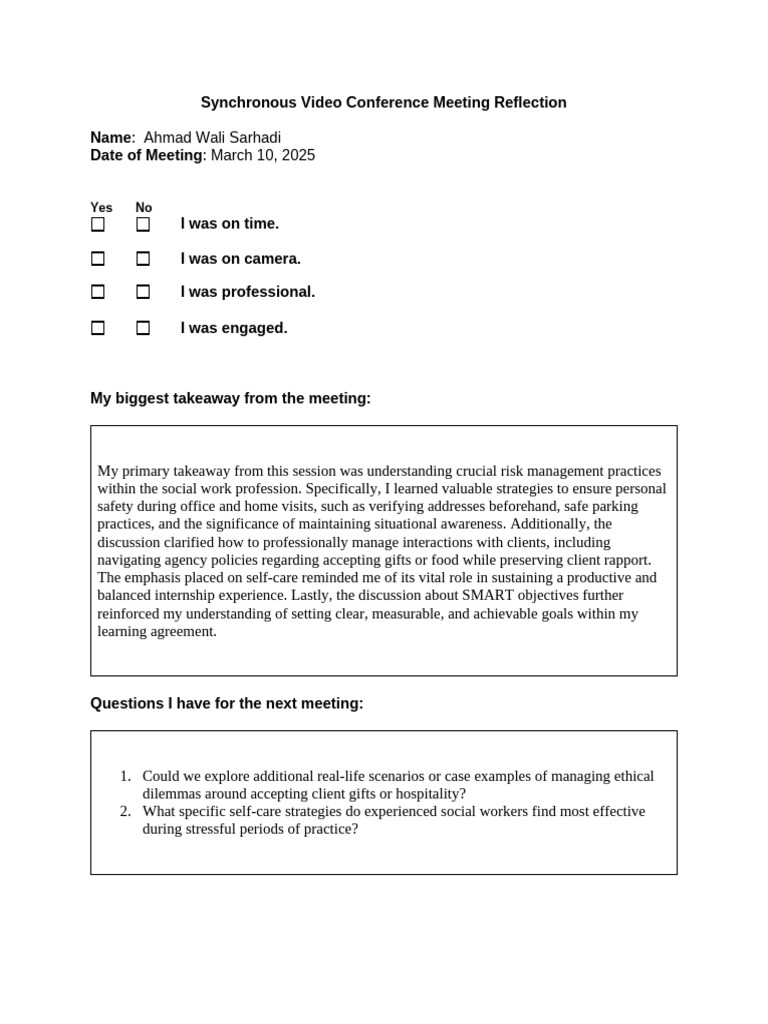 SOCW 6500 Meeting Reflection Insights | PDF