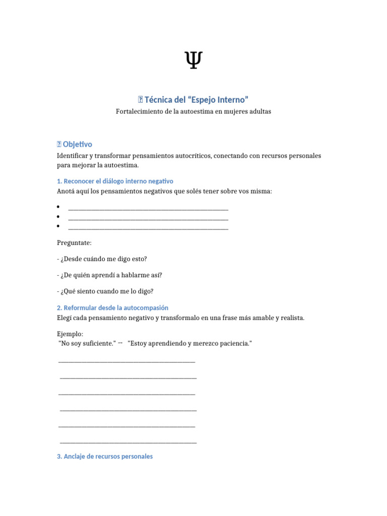 Técnica Espejo Interno Autoestima Mujer | PDF | Autoestima | Sicología