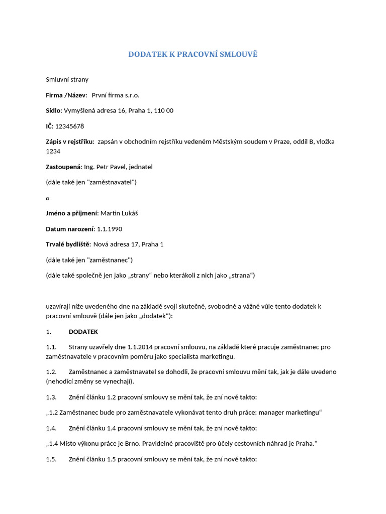 Dodatek K Pracovní Smlouvě Vzor | PDF