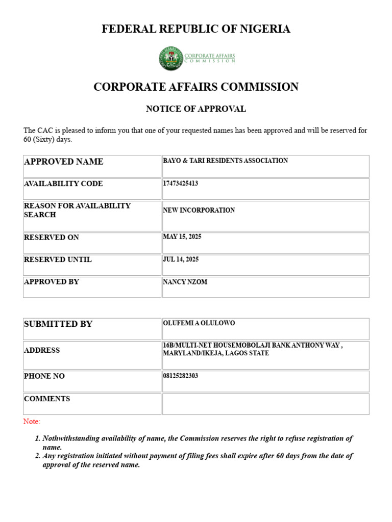 Approval Note Bayo & Tari | PDF