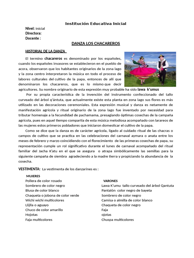 Historial de La Danza Chacareros o Lawa Kumus | PDF
