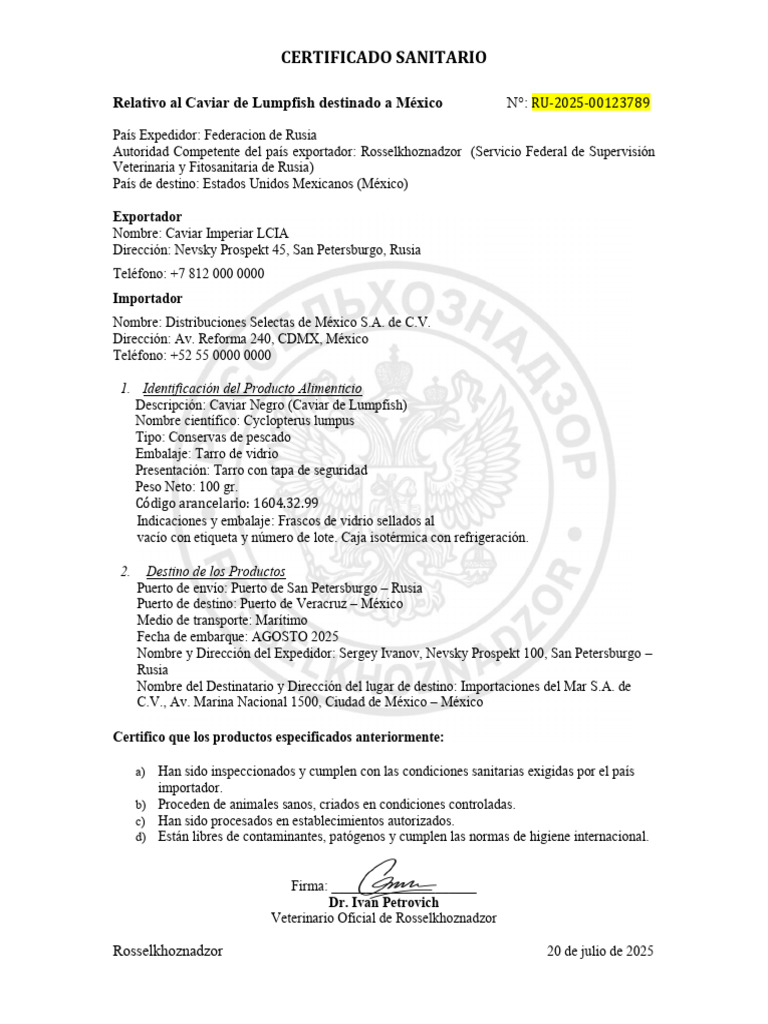 Certificado Sanitario | PDF