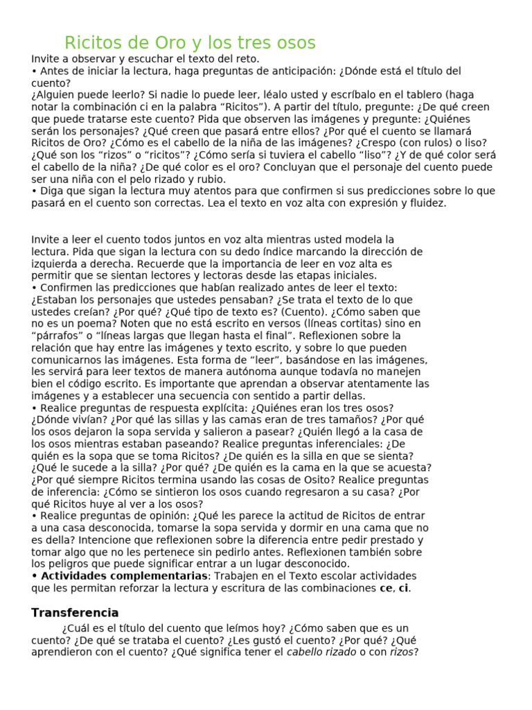 Ricitos de Oro y Los Tres Osos CARTILLA 2 | PDF