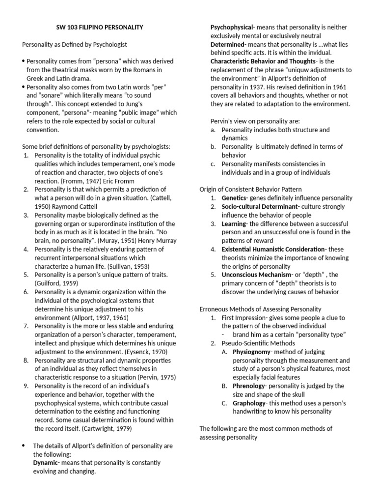 Sw 103 Filipino Personality Theories 1 | PDF | Sigmund Freud | Carl Jung